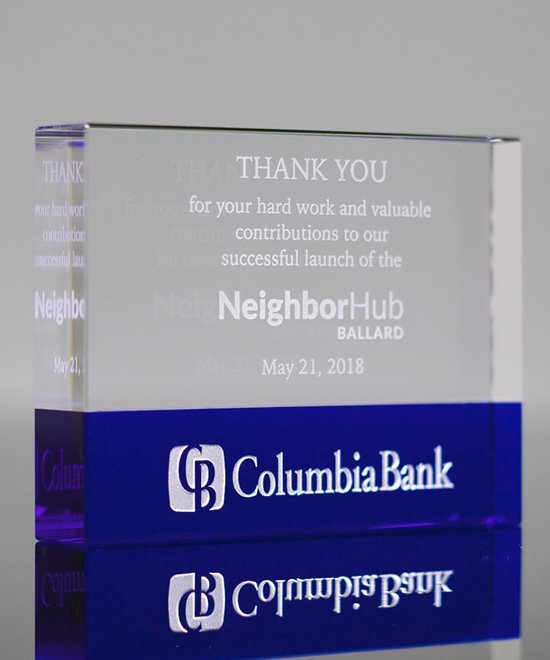 Blue Clear Crystal Paperweight Engraved Desktop Recognition Award