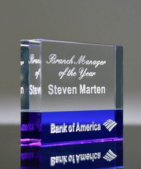 Blue Clear Crystal Paperweight Engraved Desktop Recognition Award