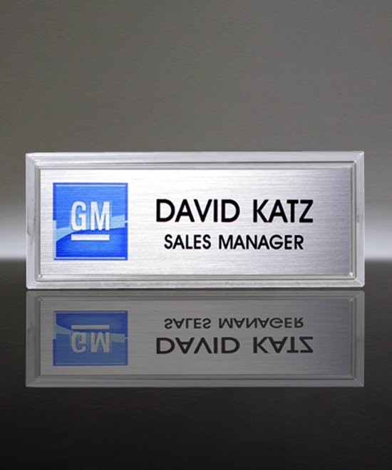 Imprinted Metal Name Badge With Silver Frame - 3 x 1 Inch | Edco Awards