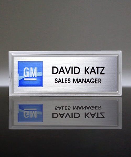 Imprinted Metal Name Badge With Silver Frame - 3 x 1 Inch | Edco Awards