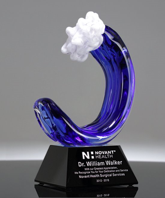 Blue Wave Art Glass Trophy - Black Base | Edco Awards