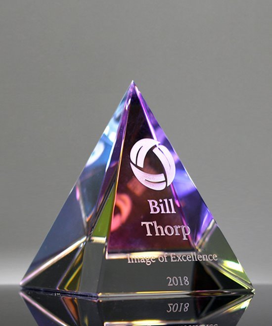 Rainbow Colored Crystal Pyramid Paperweight | Edco Awards