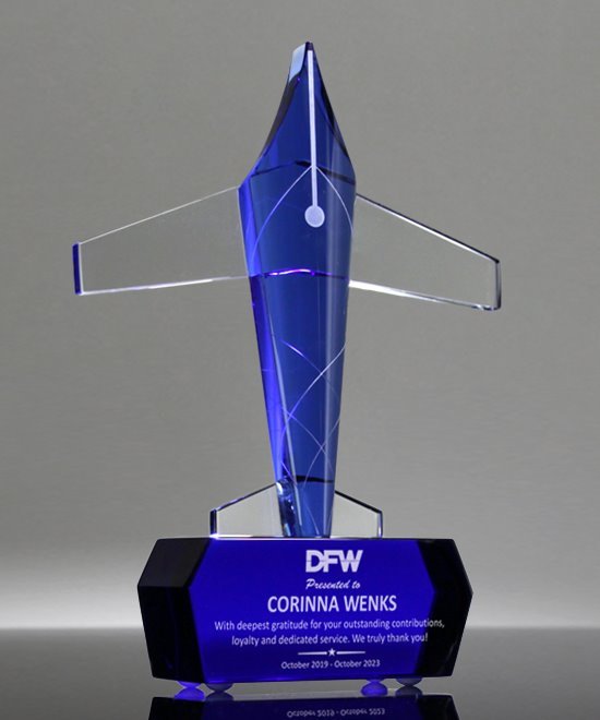 Custom Shaped Blue Crystal Airplane Award | Edco Awards
