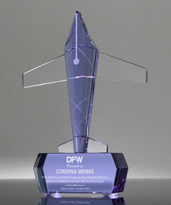 Custom Shaped Purple Crystal Airplane Award | Edco Awards