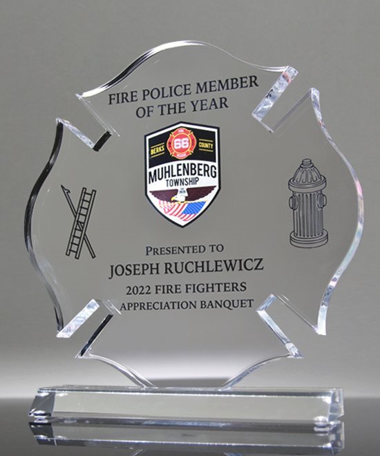 Firefighter Maltese Cross Acrylic Award - Full Color Imprint | Edco Awards