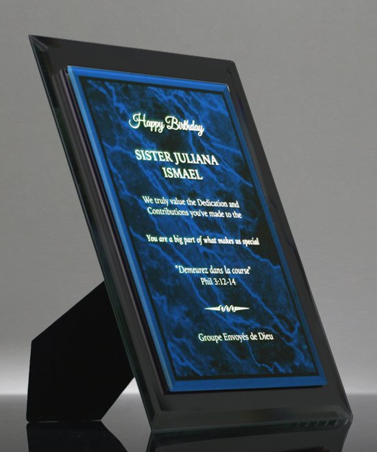 Black Glass Plaque with Blue Acrylic Plate | Edco Awards