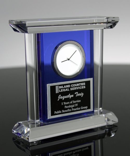 Blue Crystal Desk Clock with Plate Award | Edco Awards
