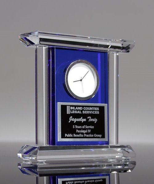 Blue Crystal Desk Clock with Plate Award | Edco Awards