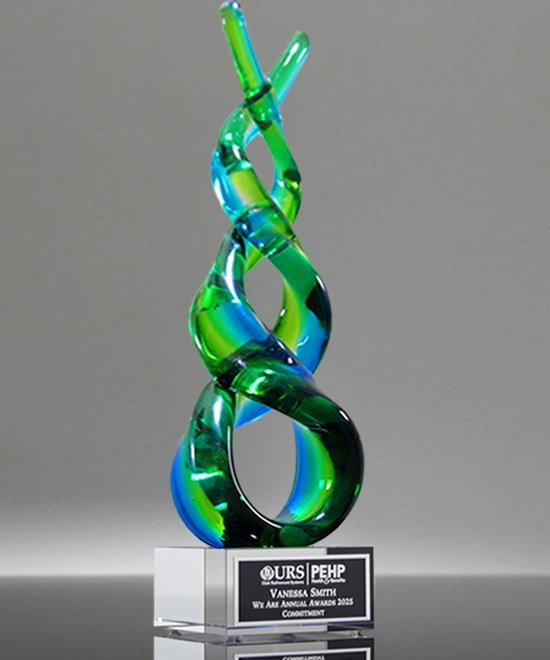 Blue Green Art Glass Double Helix Trophy | G1603 | Edco Awards