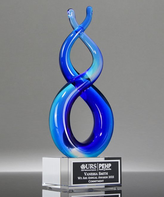 Deep Blue Helix Art Glass Trophy - Clear Base | Edco Awards