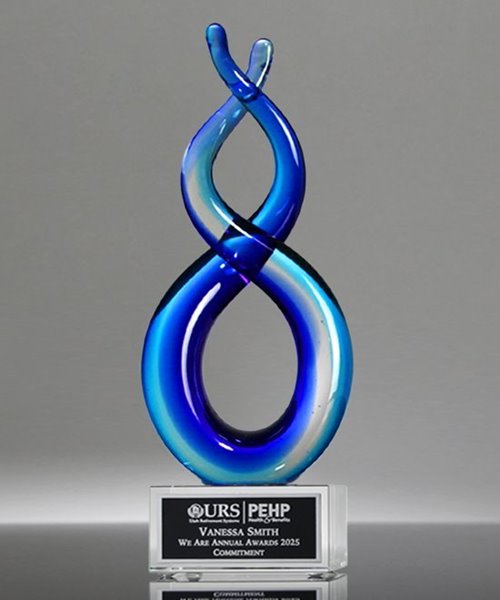 Deep Blue Helix Art Glass Trophy - Clear Base | Edco Awards