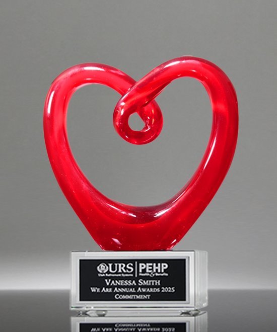 Ruby Heart Art Glass Trophy | Red Glass Heart Award | Edco Awards