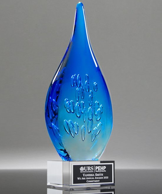 Blue Flare Art Glass Award | Crystal Cube Base | Edco Awards