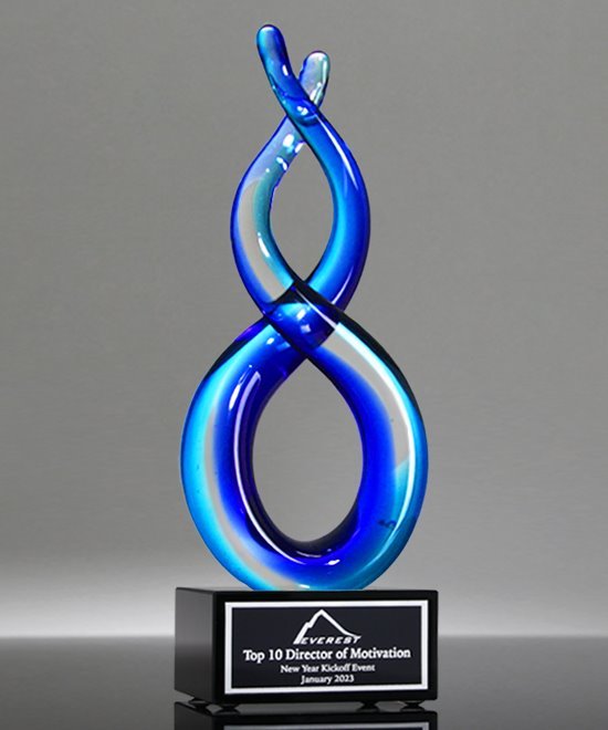 Deep Blue Helix Art Glass Trophy - Black Base | Edco Awards
